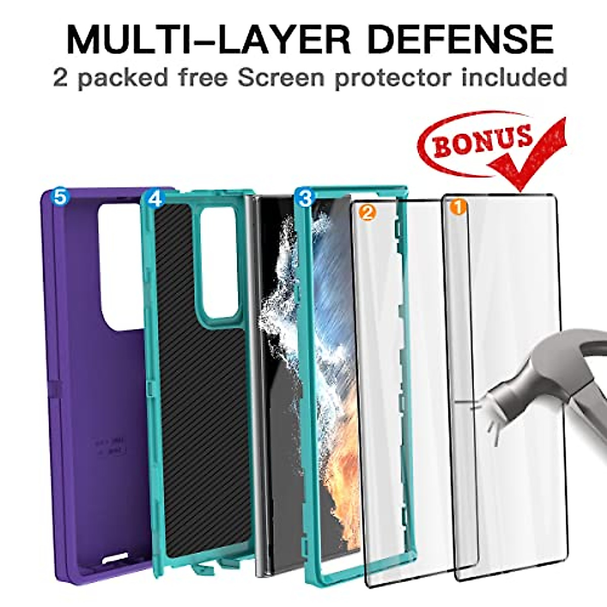 AICase Bundle for Galaxy S22 Ultra Case with Screen Protector (Bundle of Purple/Pool Blue Case+Black Case)