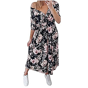 WYTong Women Boho Dresses Short Sleeve Deep V-Neck Casual Dress Pleated Waist Maxi Dress With Belt(Navy,Small)