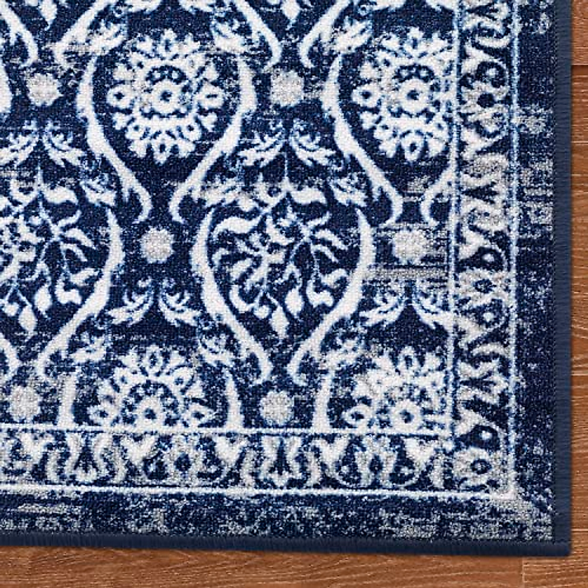 Antep Rugs Alfombras Non-Skid (Non-Slip) 2x7 Rubber Backing Floral Geometric Low Profile Pile Indoor Area Runner Rugs (Navy Blue, 2' x 7')