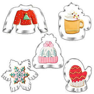 LUBTOSMN New Winter Christmas Cookie Cutter Set-5 Piece-Ugly Sweater, Hat, Mitten, Snowflake, Coffee Mug Cookie Fondant Biscui Cutters for Ugly Vintage Christmas Thanksgiving