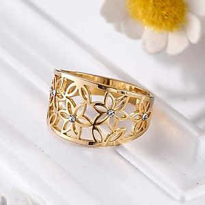 LIKGREAT Flower of Life Rings Shiny Rhinestone Flower Ring Wide Eternity Band Ring for Women (gold, 7)