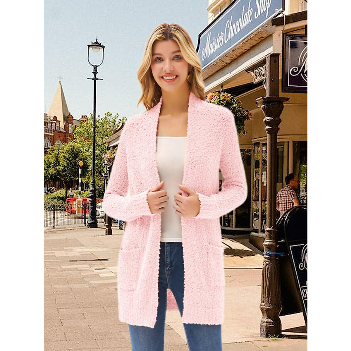 GRACE KARIN Long Cardigan Sweater for Women Fuzzy Chunky Knit Pink Sweater Soft Fleece Popcorn Cardigan Light Pink L