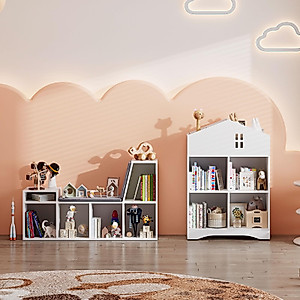 HedoajimKids Bookshelf with Reading Nook,Bookcase with 6 Cubby and Seat Cushion,Toddler Reading Bench and Toy Storage Organizer for Kids Room, Playroom, Classroom, Nursery,Bedroom