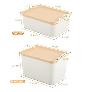 ANMINY Lidded Plastic Storage Bins Set White Desk Basket Box Cube Drawer Organizer Kitchen Food Container with Handles Removable Lids for Cosmetic Makeup Bathroom Countertop Dresser - 2 Medium 3 Small