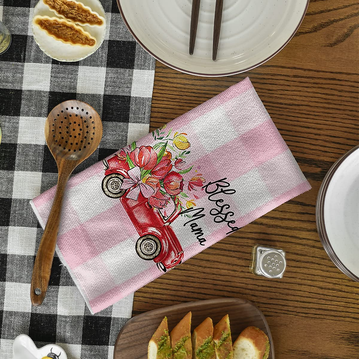 Artoid Mode Watercolor Stripes Buffalo Plaid Tulip Blessed Mama Happy Mother's Day Home Kitchen Towels, 18 x 26 Inch Ultra Absorbent Coffee Tea Bar Hand Towels Gift for Cooking Baking Set of 2