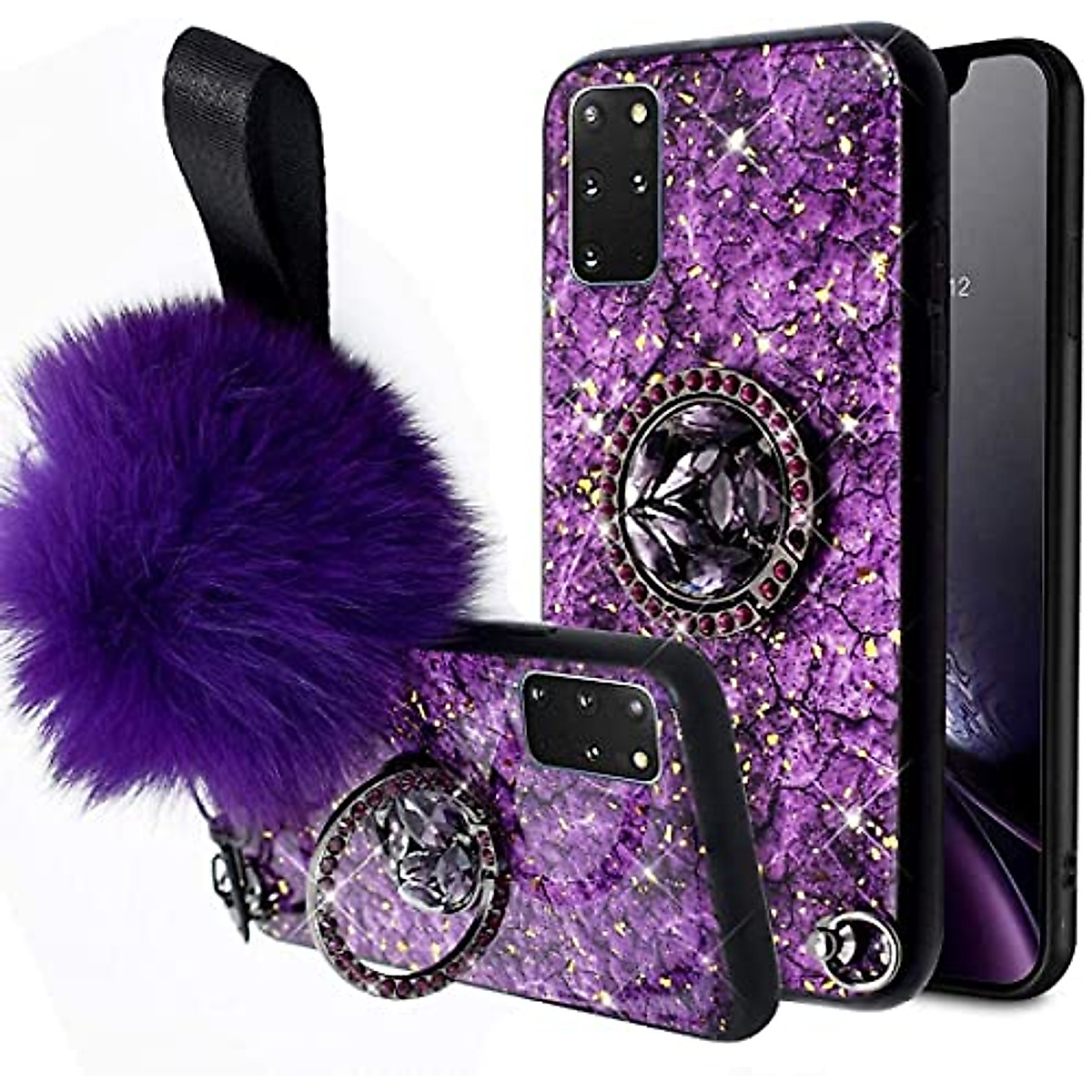 Aulzaju for OnePlus Nord N200 5G Case Ring Kickstand Wrist Strap Holder Design Luxury Glitter Hard PC Back Rugged TPU Edge Marble Pattern Cute Bling Diamond Bumper Phone Case for Girls Women Purple