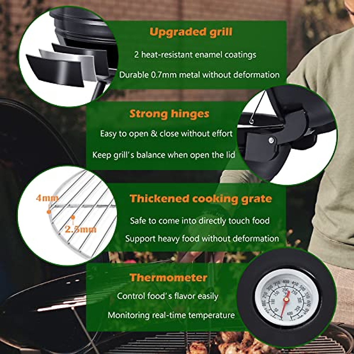 HaSteeL 22 Inch Charcoal Grill, Heavy Duty Kettle Outdoor BBQ Grill with Plastic Wheels, Large 355 Square Inches for Camping Backyard Picnic Patio Barbecue Cooking, Round Black Enamel Lid & Bowl