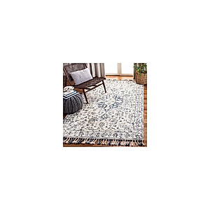 SAFAVIEH Aspen Collection Area Rug - 10' x 14', Ivory & Blue, Handmade Boho Braided Tassel Wool, Ideal for High Traffic Areas in Living Room, Bedroom (APN125A)