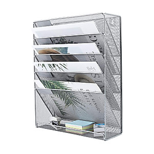 EasyPAG 5 Slot Wall Hanging File Organizer Vertical Office Desk /Wall Mounted File Holder Paper Organizer with Bottom Flat Tray,Black,Silver