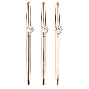 Sun Kea 3Pcs Big Diamond Pen Crystal Metal Ballpoint Pens 1.0mm Black Ink Advertising Gif Pen (6551-plated rose gold)