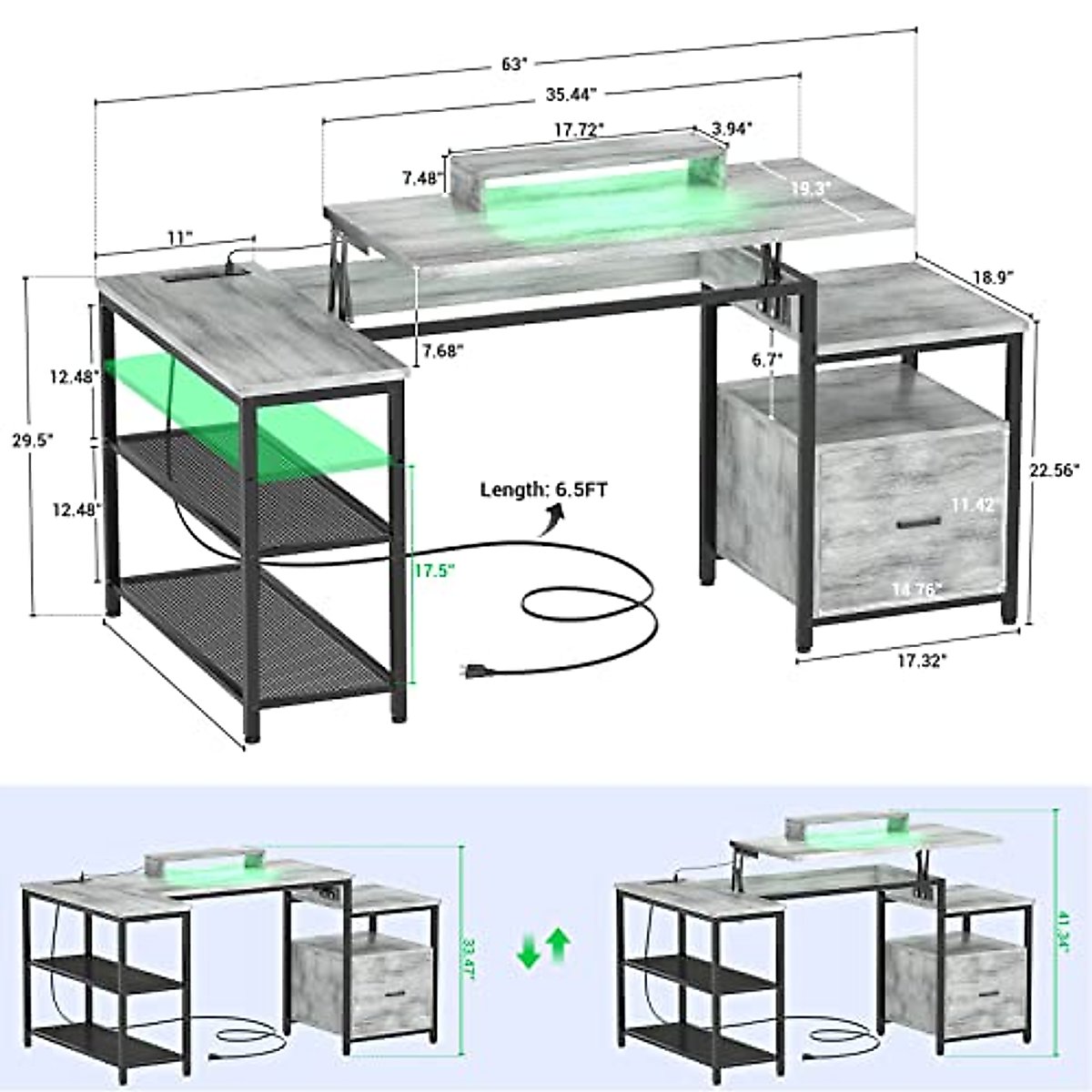 Aheaplus L Shaped Desk with Power Outlet, Standing Home Office Desk with Lift Top and File Drawer, 63'' Corner Computer Desk with Monitor Stand&Printer Shelves, Gaming Desk with Led Lights, White Oak