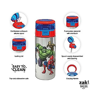 Zak Designs Marvel Comics Durable Single Wall Stainless Steel Water Bottle with Push-Button Flip Lid Leak-Proof Design is Perfect for Outdoor Sports (19.5oz, BPA Free), 19.5 oz, Avengers