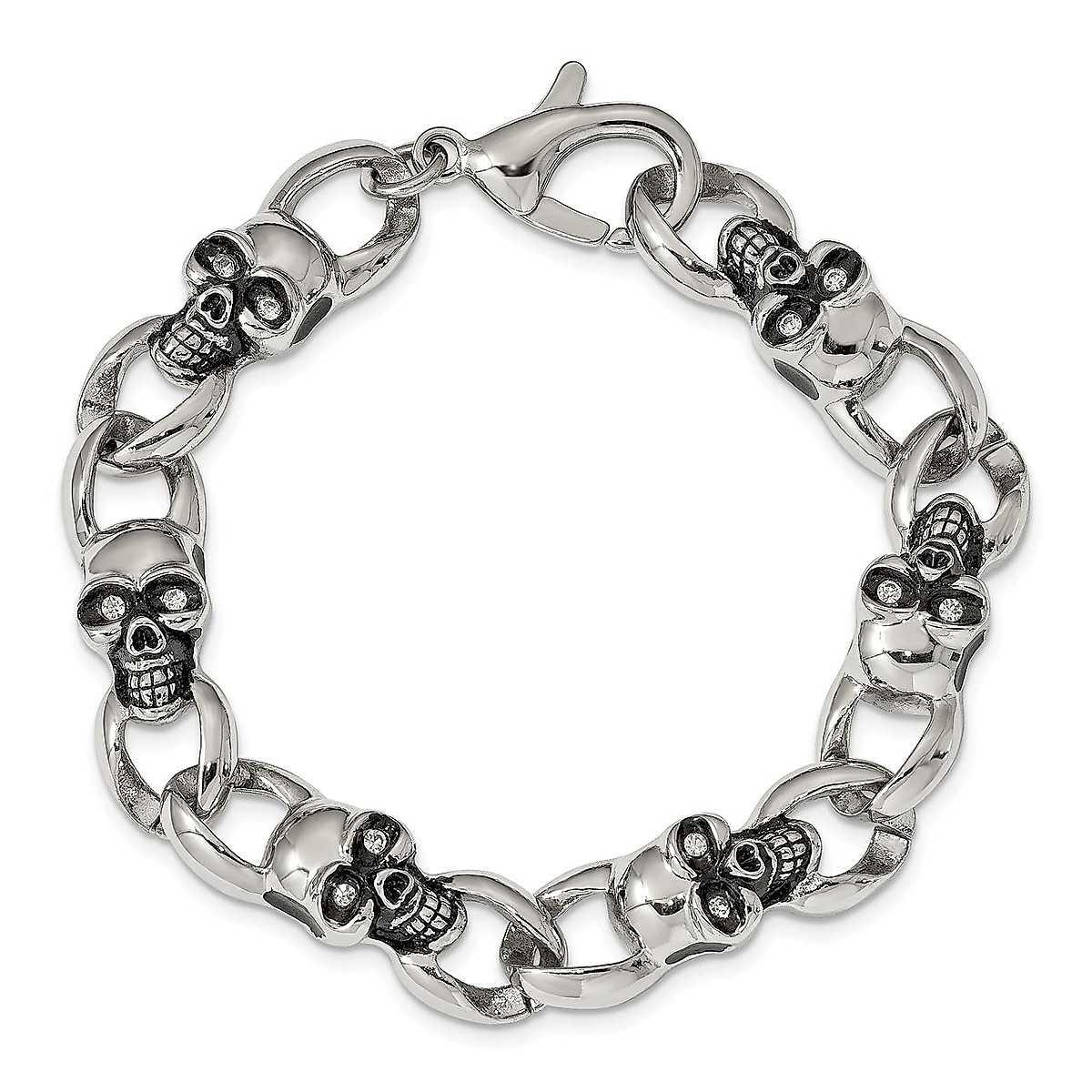 Lex & Lu Chisel Stainless Steel Polished and Oxidized w/CZ Skulls 9'' Bracelet