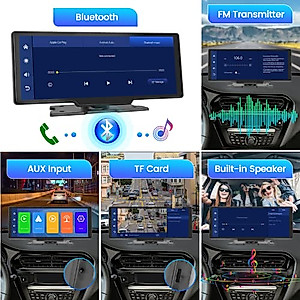 10.3 Inch Wireless Car Stereo Apple CarPlay with 1080P Backup Camera, Portable Wireless Android Auto Screen for Cars, Bluetooth Car Audio Receiver with AUX 64G TF Card