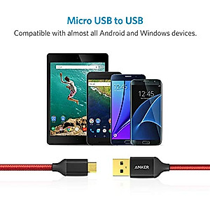 [2-Pack] Anker 6ft / 1.8m Nylon Braided Tangle-Free Micro USB Cable with Gold-Plated Connectors for Android, Samsung, HTC, Nokia, Sony and More (Red)