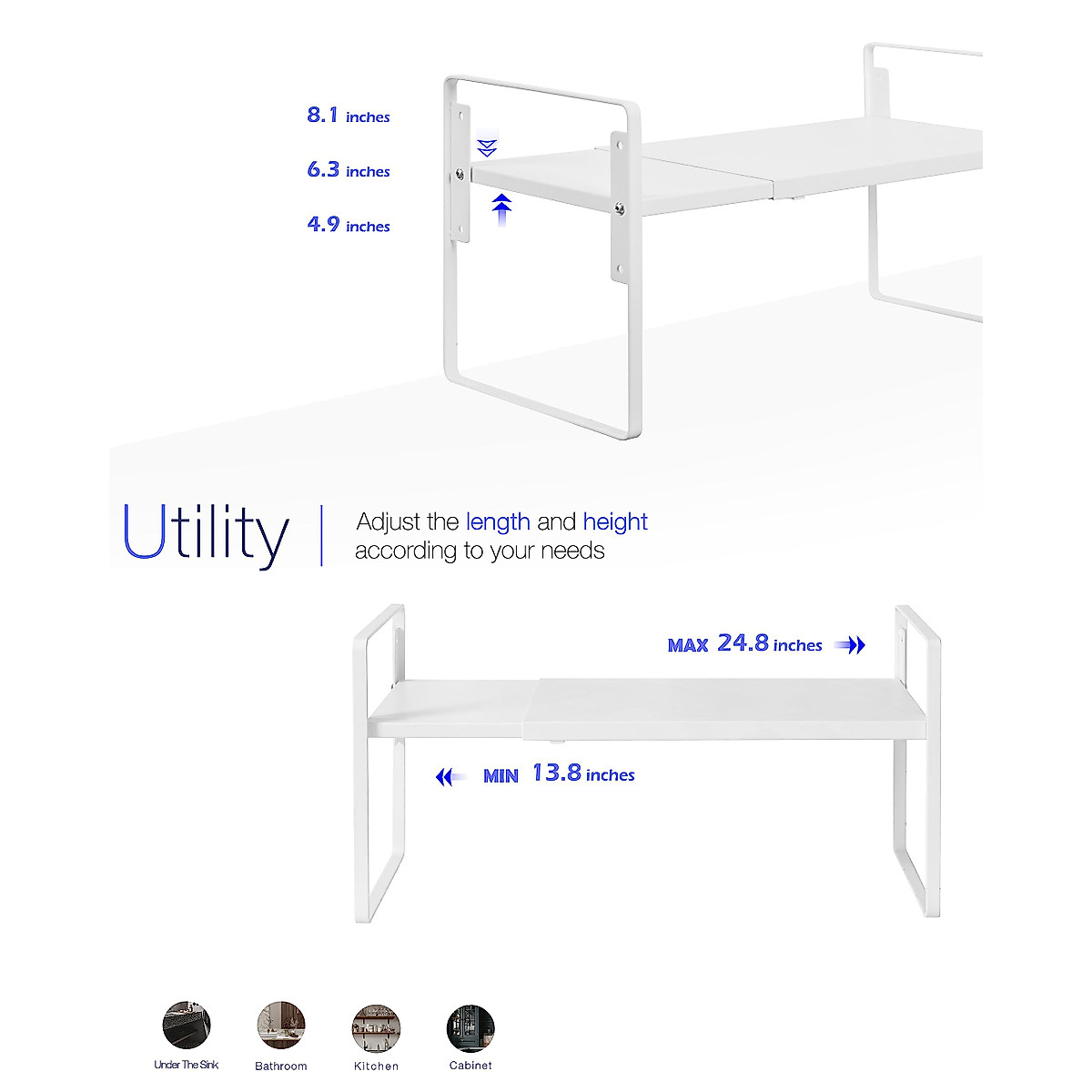 Nxconsu Cabinet Shelf Expandable Height Adjustable Organizer Riser for Kitchen Cabinet Pantry Cupboard Under Sink Countertop Organization Storage Space Saver Stackable Heavy Duty Metal White