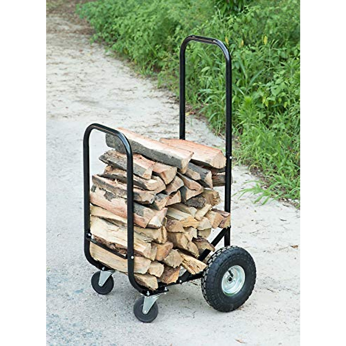 Gardenised Black Firewood Rack Outdoor Indoor, Heavy Duty Firewood Carrier with Front Wheels Wood Fireplace Tool Rack, Rolling Storage Cart Cover Included