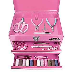 Apollo Tools 14 Inch Steel Tool Box with Deep Top Compartment and 2 Drawers in Heavy-Duty Steel With Ball Bearing Opening and Powder Coated Finish - Pink Ribbon - Pink - DT5010P