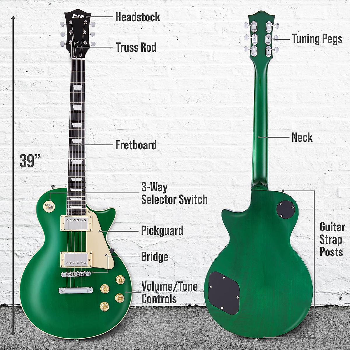 LyxPro 39” SB Series Electric Guitar, LP Style for Beginner, Intermediate & Pro Players Solid Body Guitar, Bonus 2-Pack of Picks, Mahogany Wood, Volume/Tone Controls, 3-Way Pickup - Green