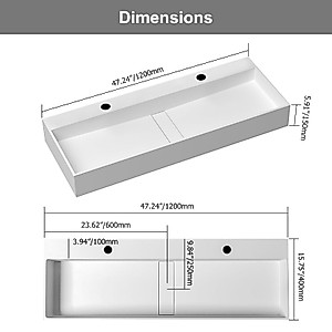 Weibath 47'' Bathroom Vessel Sink Double-Bowl Bathroom Sink Wall Mounted Trough Floating Sink in Matte White
