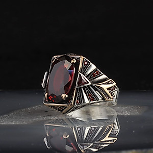 Handmade 925 Sterling Silver Men's Ring with Triangle Garnet Gem Stone, Futuristic Statement Ring gifts for men handmade rings valentines day gifts for him