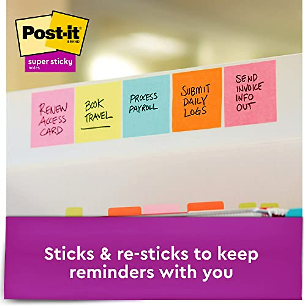 Post-it Super Sticky Notes, 3x3 in, 6 Pads, 2x the Sticking Power, Supernova Neons, Neon Colors, Recyclable (654-6SSMIA)