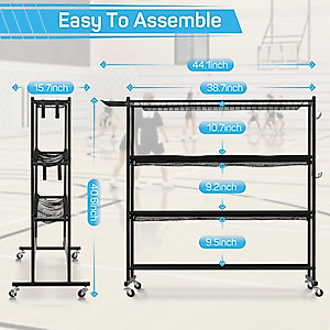 Mythinglogic Basketball Rack, Ball Storage with Baseball Bat Holder, Rolling Ball rack with Removable Nylon Mesh for Various Ball Sizes, Basketball Holder for Football Basketball Soccer Ball