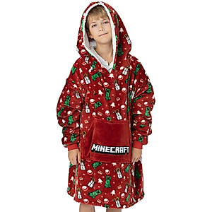 Minecraft Christmas Xmas Vuddie Oversized Blanket Hoodie Kids Boys Girls Red Fleece