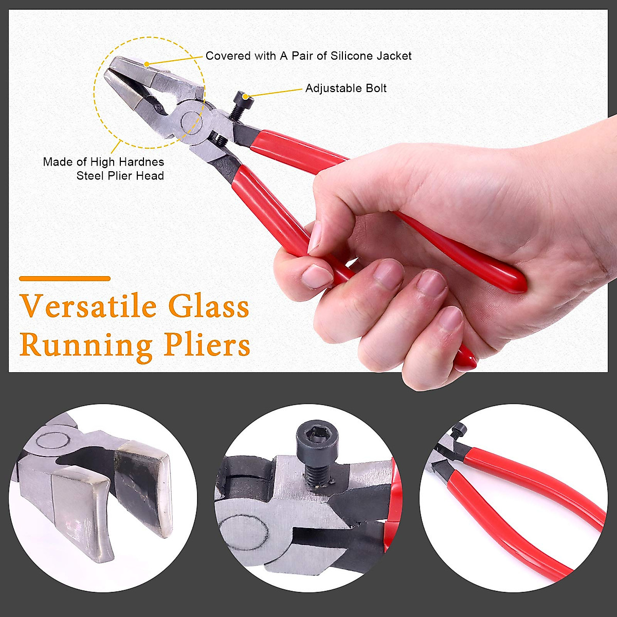 Rustark 3Pcs Premium Glass Running Breaking Pliers and Class Cutter Kit, Heavy Duty Glass Cutting Tool with Rubber Tip, Work Great for Stained Glass, Mosaics, Fusing, Breaking