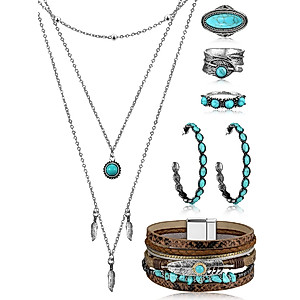 Ecally Bohemian Western Jewelry Turquoise Set Women Bohemian Pendant Long Choker Layered Bracelets Turquoise Earrings Ring(Boho)