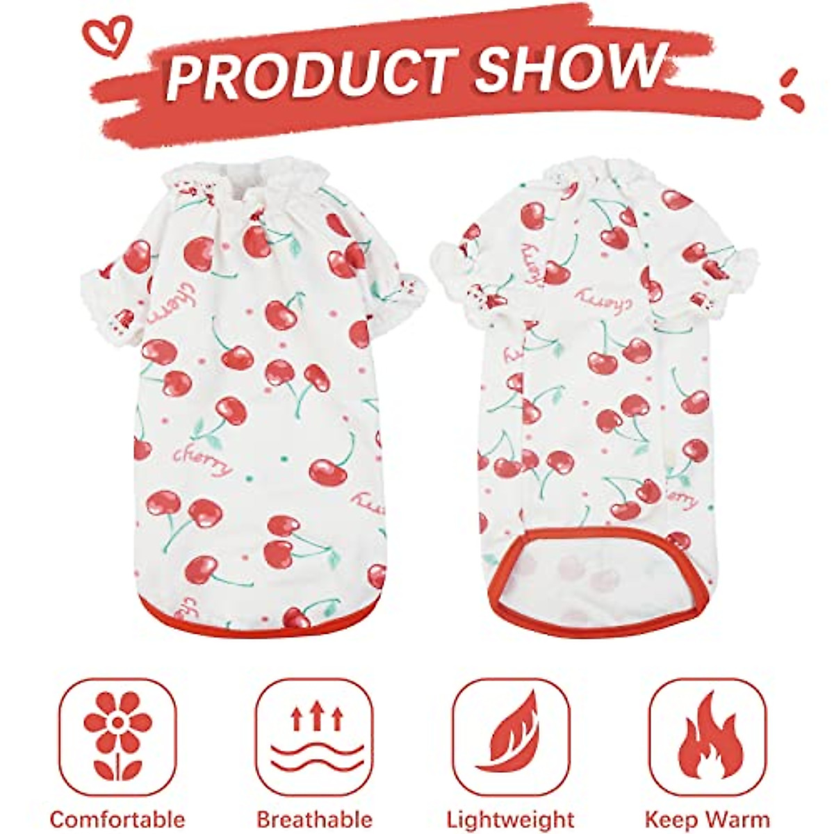 DENTRUN Cherry Pattern Sphynx Hairless Cats Shirt, Pullover Kitten T-Shirts with Puff Sleeves, Breathable Cat Wear Cute Turtleneck Sweater Adorable Cat's Clothes Vest Pajamas Jumpsuit, XS