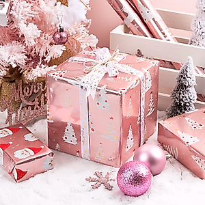 MAYPLUSS Pink Christmas Wrapping Paper - 17In x 120In Per Roll - Girly Festive Metallic Foil Trees, Cute Santa, Winter Sled Design Christmas Girls Pink Gift Wrap Paper for Winter Holiday, Birthday