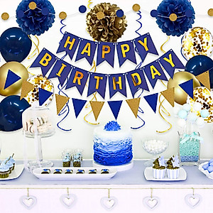 Navy Blue Gold Birthday Decorations, Birthday Party Supplies for Men Women Boys Girls with HAPPY BIRTHDAY Banner, Tissue Paper Flowers Pom Pom, Pennant and Circle Dot String, Latex Confetti Balloons
