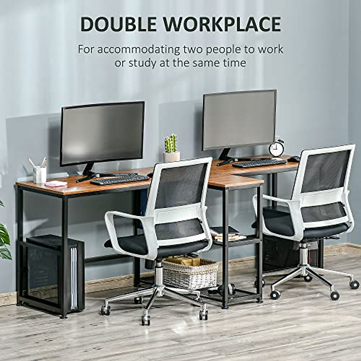 HOMCOM 83" Two Person Computer Desk with 2 Storage Shelves, Double Desk Workstation with Book Shelf, Long Desk Table for Home Office, Dark Walnut
