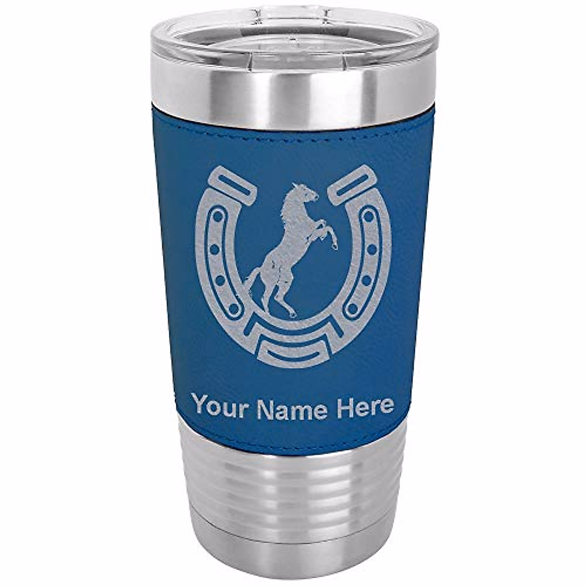 LaserGram 20oz Vacuum Insulated Tumbler Mug, Horseshoe with Horse, Personalized Engraving Included (Faux Leather, Blue)