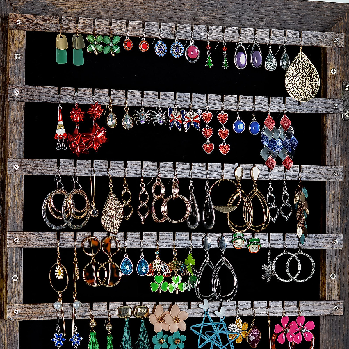 HOUAGI Mirror Jewelry Cabinet Standing,360°Rotating Jewelry Armoire Organizer with Full Length Mirror,Rear Storage Shelves,Built-in Small Mirror (Antique Gray)