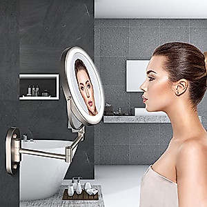Rechargeable Wall Mounted Lighted Makeup Vanity Mirror 8 Inch Double Sided 1X 10X Magnifying Bathroom Mirror, 3 Color Lighting, Touch Screen Dimming, Extended Arm 360 Rotation Shaving Light up Mirror