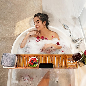 VaeFae Teak Bathtub Tray, Wooden Bath Caddy Tray for Bathtub, Bath Tub Wood Tray Table for Tub