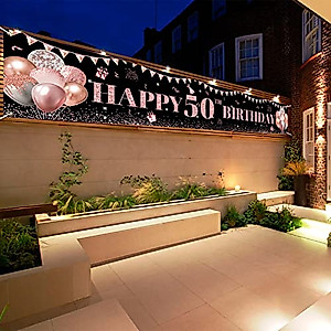 Large Happy 50th Birthday Banner Black and Rose Gold Yard Sign Birthday Banner for Women Girl 50 Years Old Birthday Photo Backgroud Party Indoor Outdoor Decoration Supplies 118 × 19.6 Inch