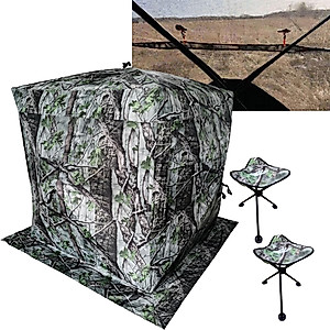 THUNDERBAY See Through Hunting Blind Combo with 2 Chairs, 3 Person Pop Up Ground Blinds 180 Degree, 300D Durable Hunting Tent for Deer & Turkey Hunting (Camouflage), Floor Space 62" x 62"