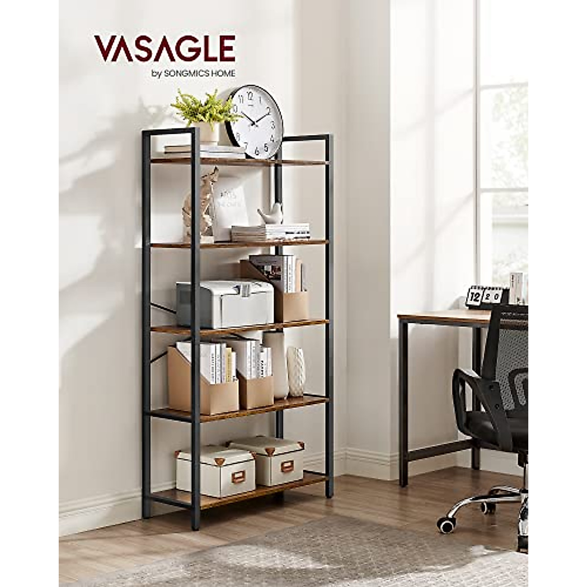 VASAGLE ALINRU Bookshelf, Bookcase, 5-Tier Storage Rack with Steel Frame, for Living Room, Office, Study, Hallway, Industrial Style, Rustic Brown and Black ULLS061B01