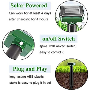 Solar Powered Mole Repellent Stakes - Safe and Quiet Ultrasonic Outdoor Pest Repellent Spike for Gopher, Vole, Groundhog and Shrews - Waterproof Outdoor Pest Deterrent for Lawn and Garden - 4 Pack