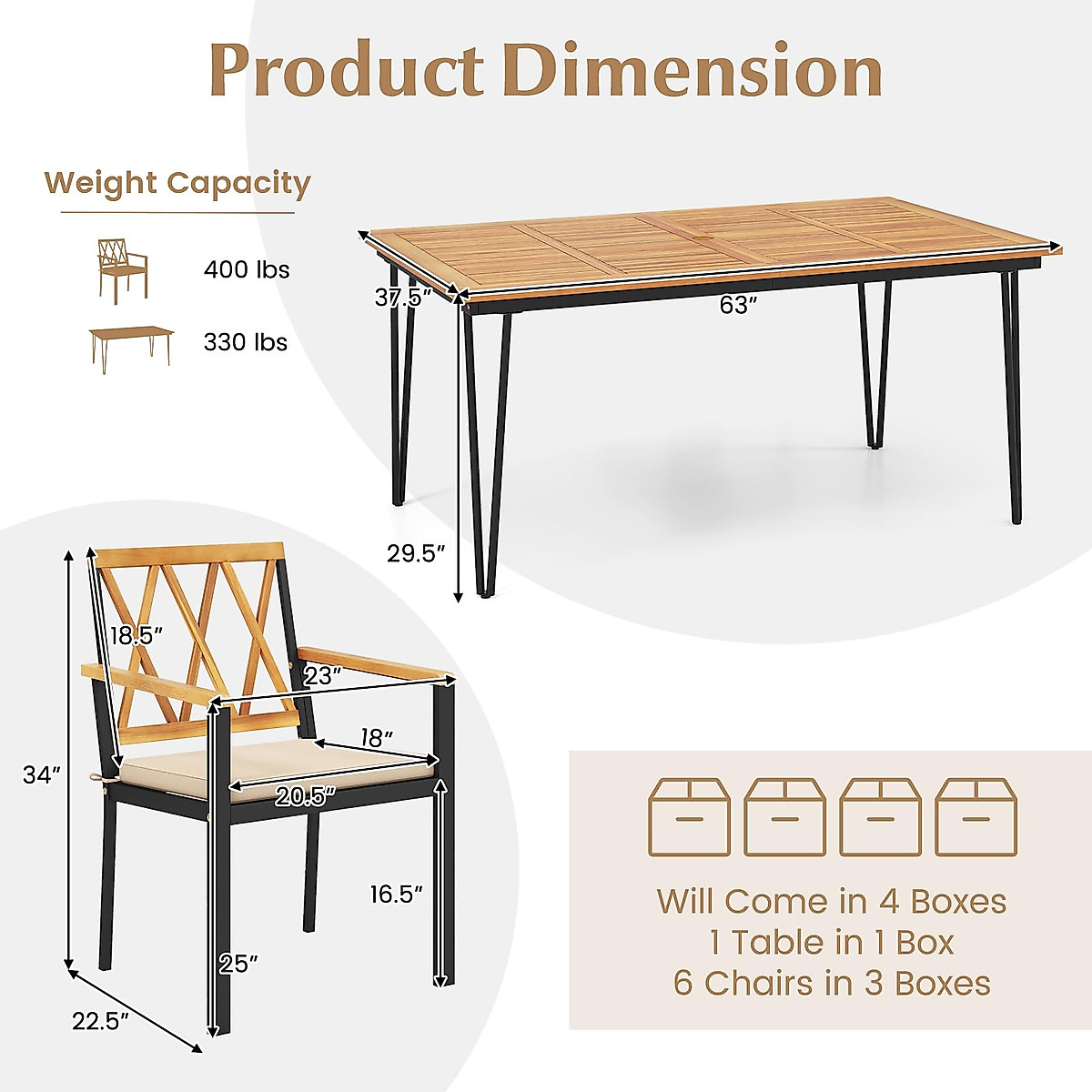 Tangkula 7-Piece Patio Dining Set, Acacia Wood Outdoor Furniture Set with 2” Umbrella Hole and Seat Cushions, Rectangular Dining Table and 6 Chairs Set for Patio Garden Poolside Backyard