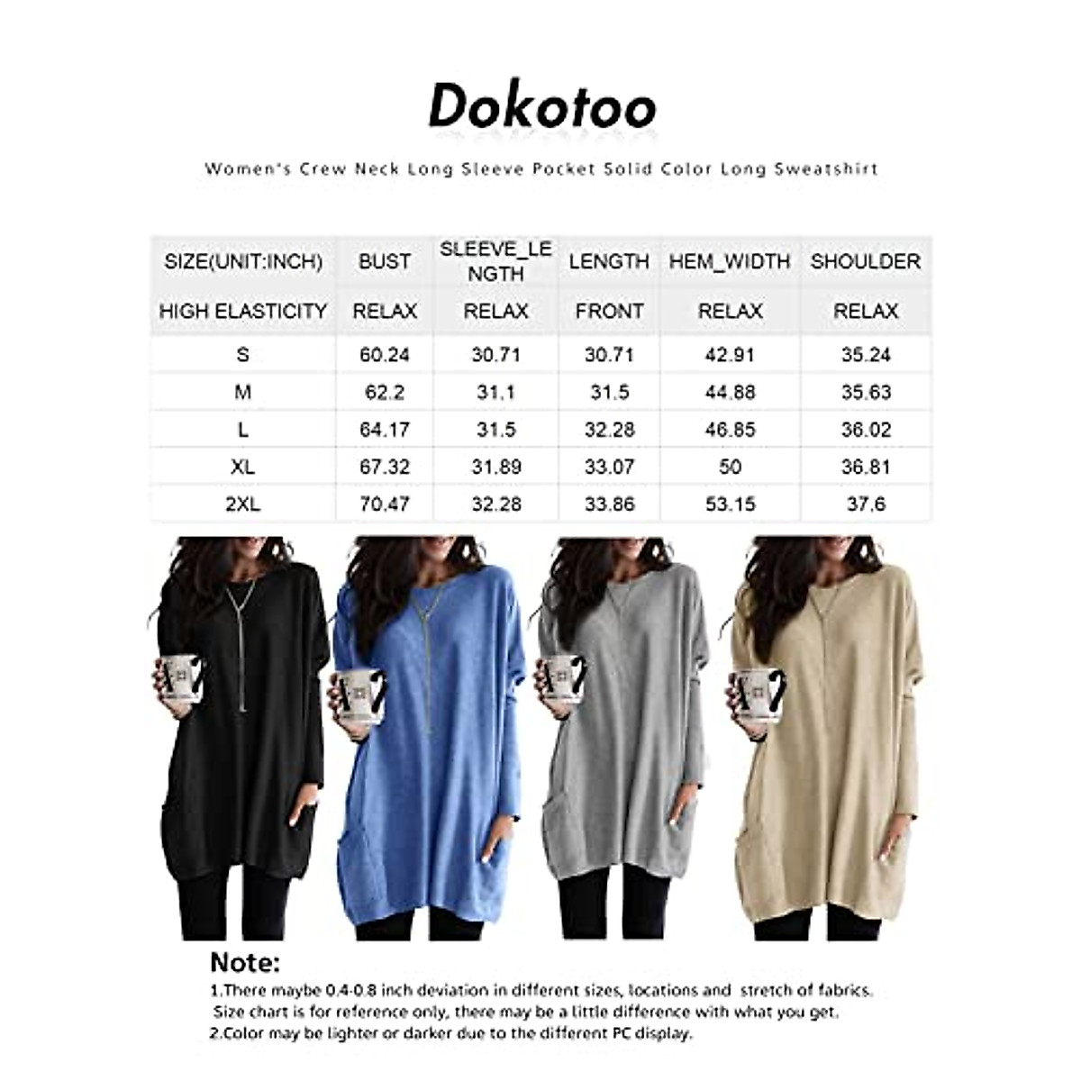 Dokotoo Womens Comfy Casual Long Sleeve T Shirt Tunics Tops Blouse Fashion Oversized Shirts Tunic with Pockets Tops for Leggings Summer Autumn Spring (US 16-18) XL,Gray
