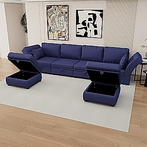 Xshelley Modular Sectional Sofa Couch with Storage Seat, U-Shaped Sectional Sofa with Lounge Chaise & Movable Ottoman, Living Room Furniture Sets (Blue)