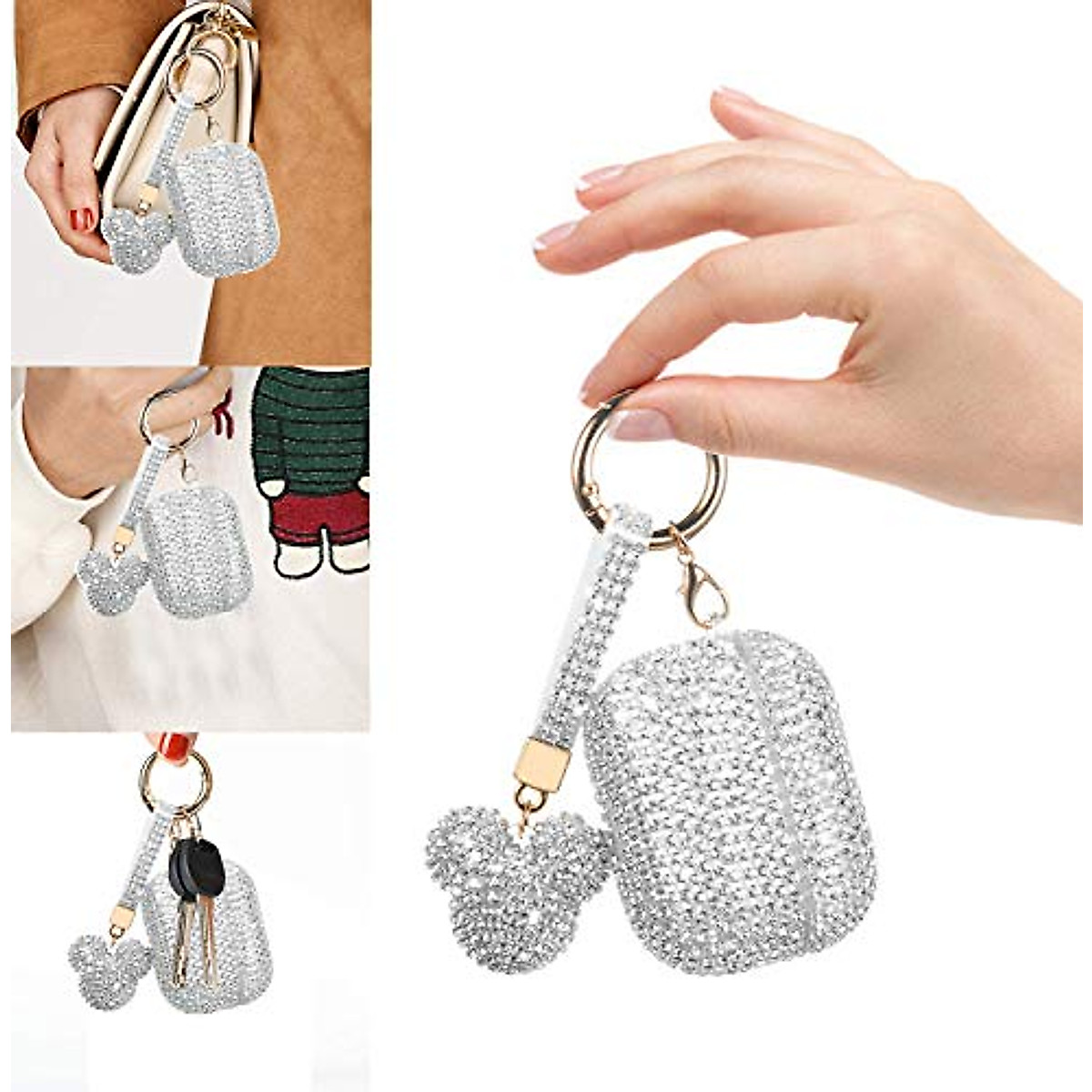 Luxurious Shining Rhinestone Diamante Apple AirPods Pro Case, Bling Sparkle Protective Cover Carrying Mickey Ball Keychain for Airpods Pro,Shockproof Anti-Scratch Anti-dust (Silver)