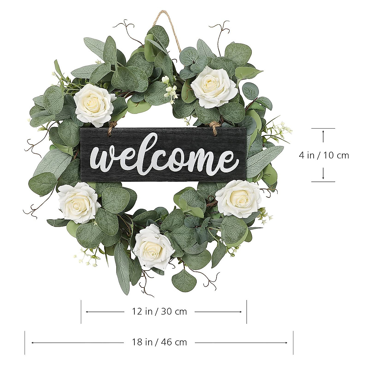 Dremisland Welcome Wreath for Front Door,18 Inch Artificial Rose Eucalyptus Leaves Wreath,Floral Garland Wreath for Window Garden Festival Celebration Wedding Home Decor (Black)
