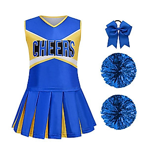 LMYOVE Cheerleader Costume for Girls, Cheerleading Outfit for Kids with Pom Pom, Child Halloween Costume Dress Uniform, Blue & Yellow, 6-7T