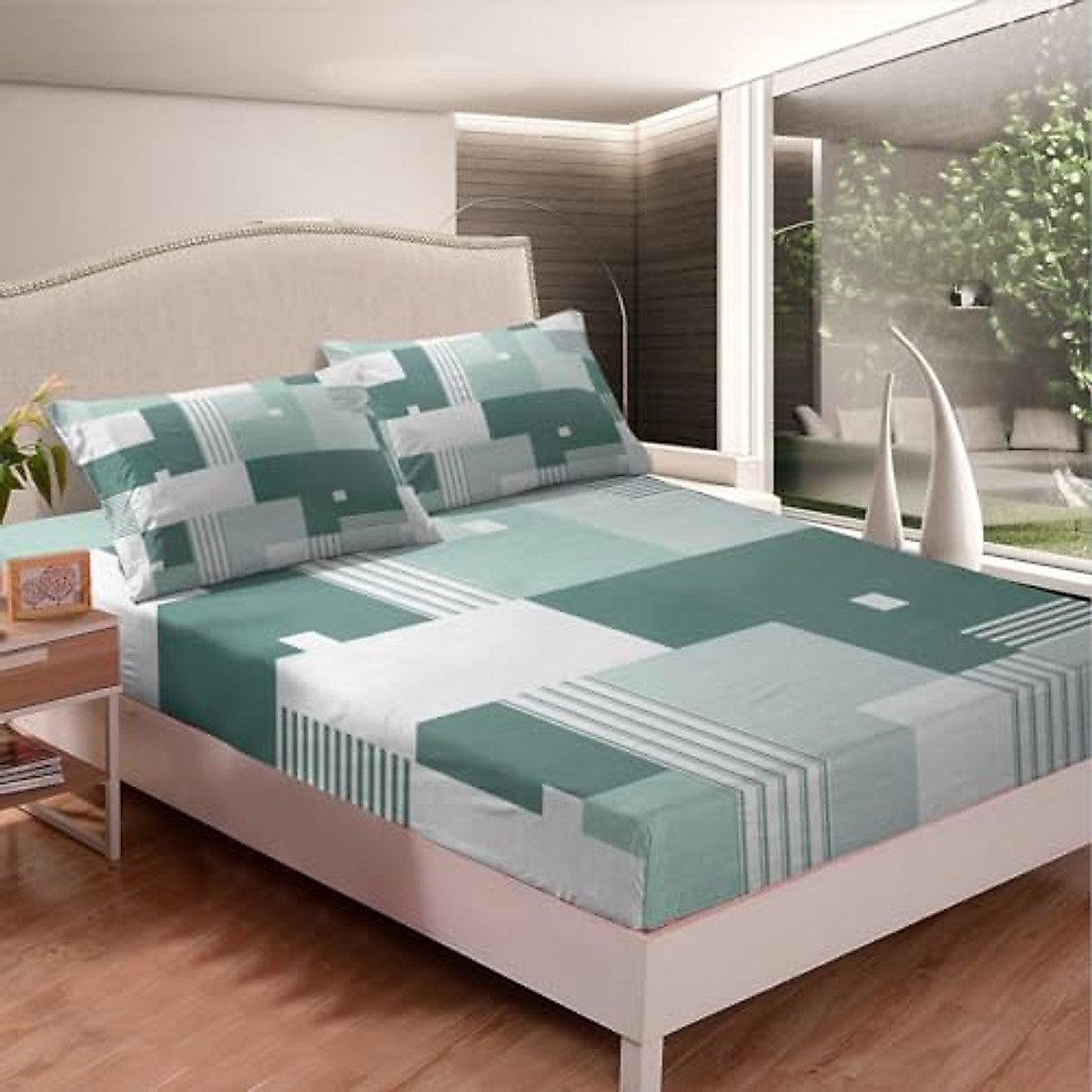 jejeloiu Geometric Sheet Set Full Size Kids White Green Geometry Square Sheets with Deep Pocket Fitted Sheet for Boys Girls Teens Modern Striped Art Bed Sheets Set Luxury Bedding Set Room Decor
