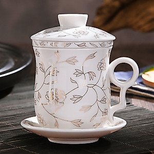 Ameolela Porcelain Tea Cup with Infuser Lid and Saucer Sets - Chinese Jingdezhen Ceramics Coffee Mug Teacup Loose Leaf Tea Brewing System for Home Office
